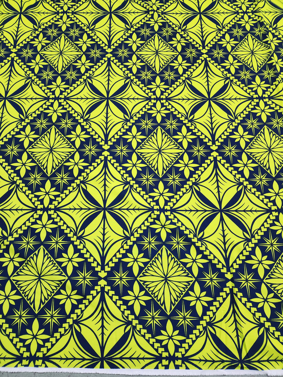 Polynesian Design #186 Fluoro Yellow and Navy Blue – Tokouso Fabrics